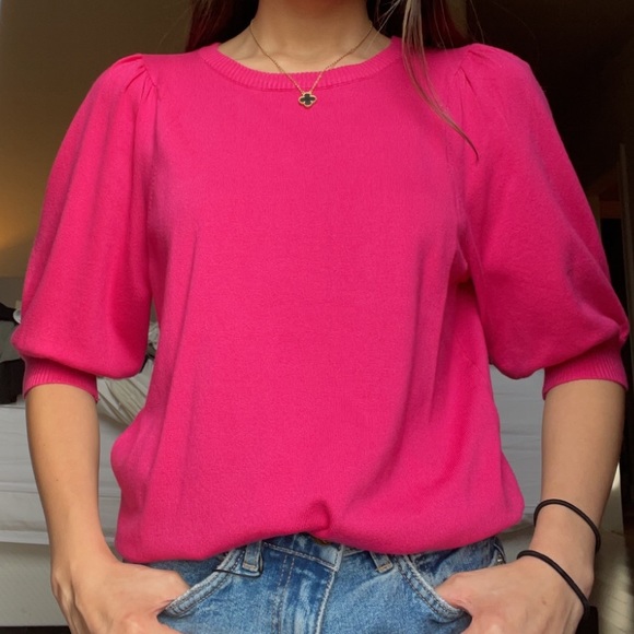 Tops | Pink Puff Sleeve Blouse | Poshmark
